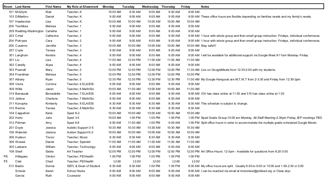 Shawmont Staff Hours - Shawmont School